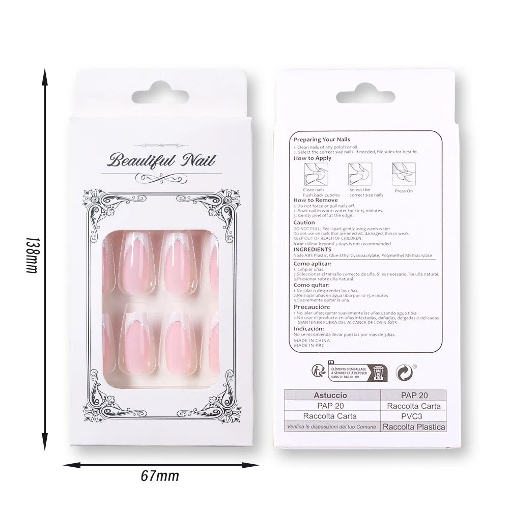 24Pcs Short Square Coffin False Nails French Glitter Wearable Fake Nai ...